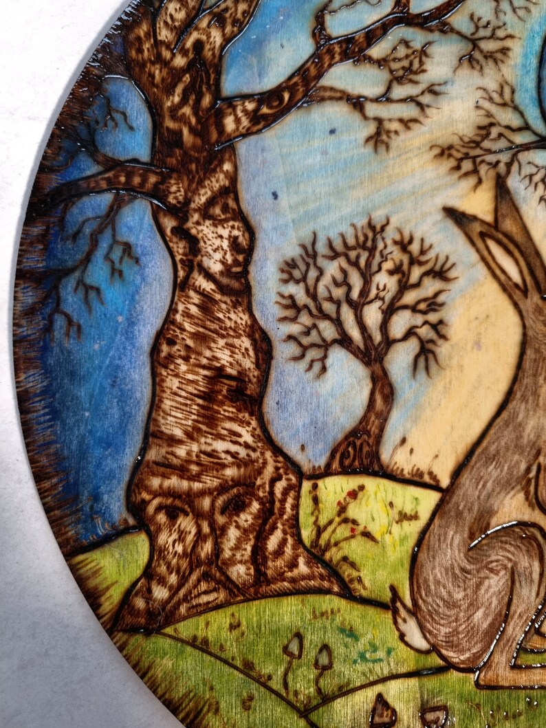 Moon Gazing Hare, Whimsical Art Pyrography Original Art, Hand Painted ...