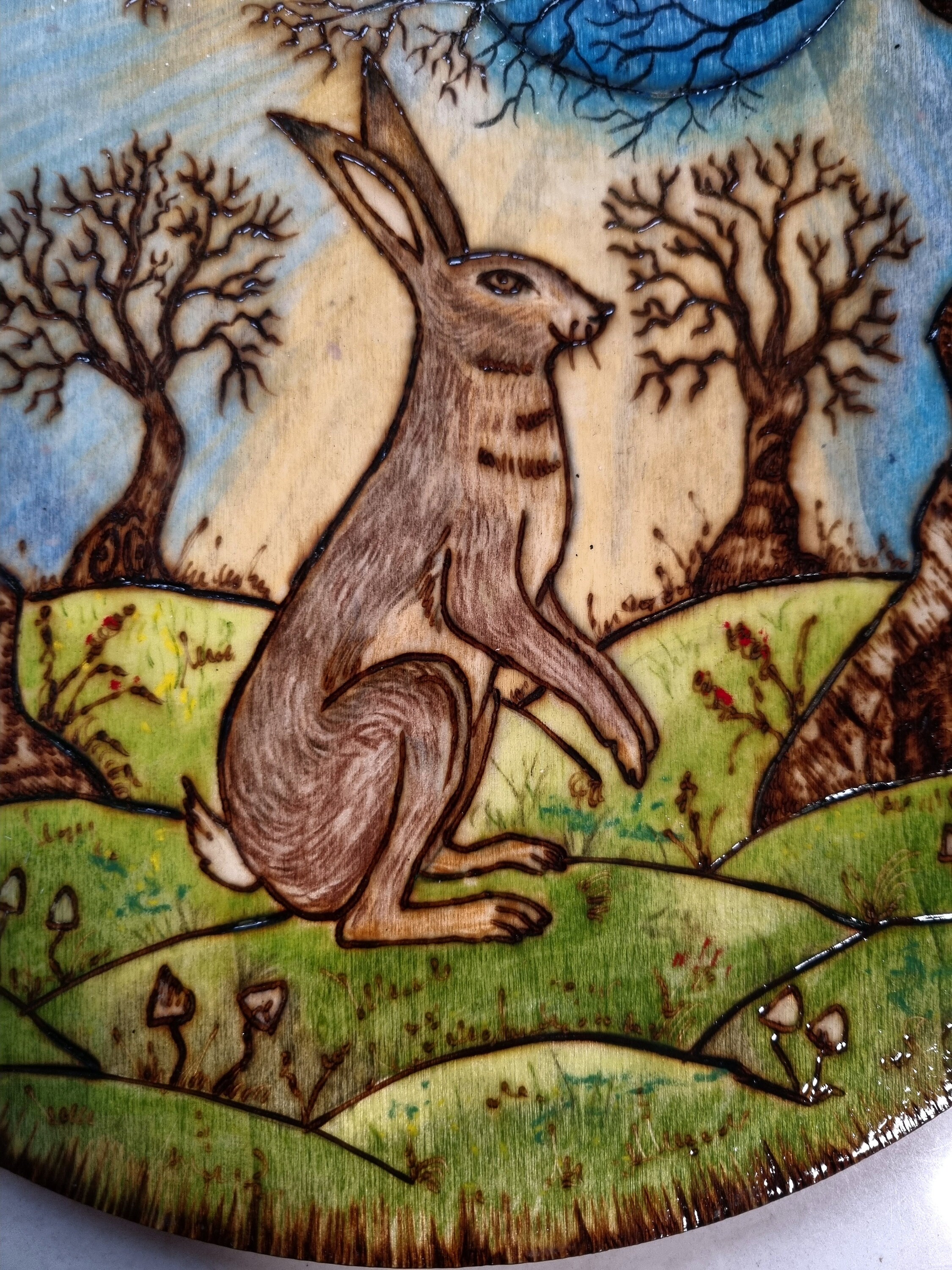 Moon Gazing Hare, Whimsical Art Pyrography Original Art, Hand Painted ...