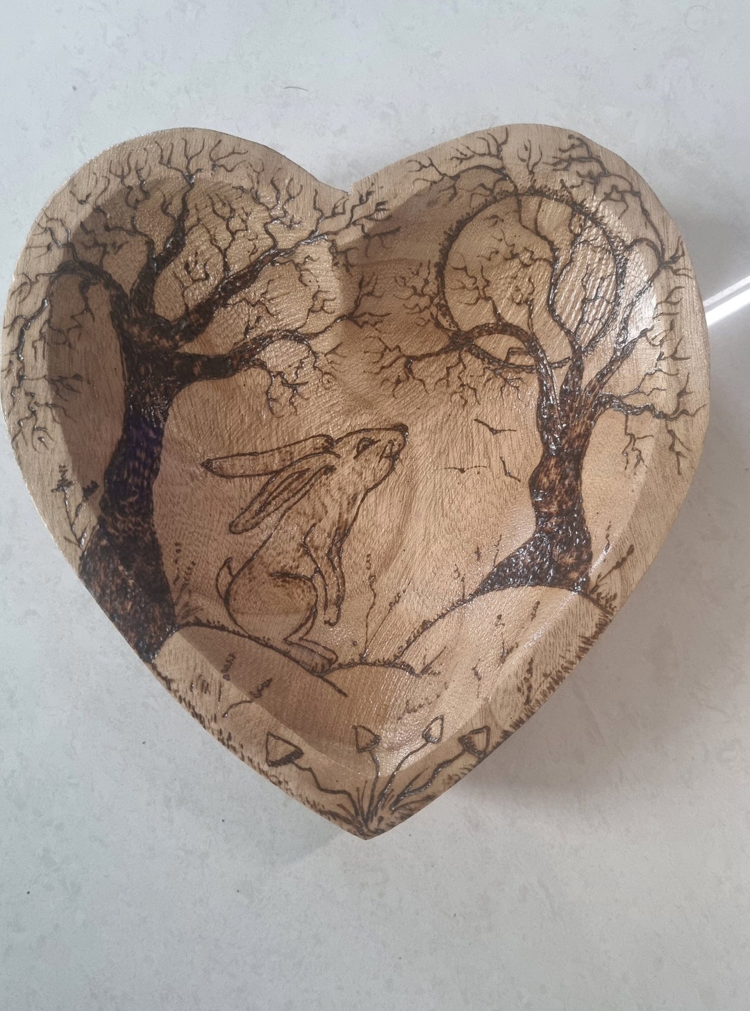 Beautiful Hand Carved Solid Wooden Heart Bowl Wood Burn Art Moon Gazing ...