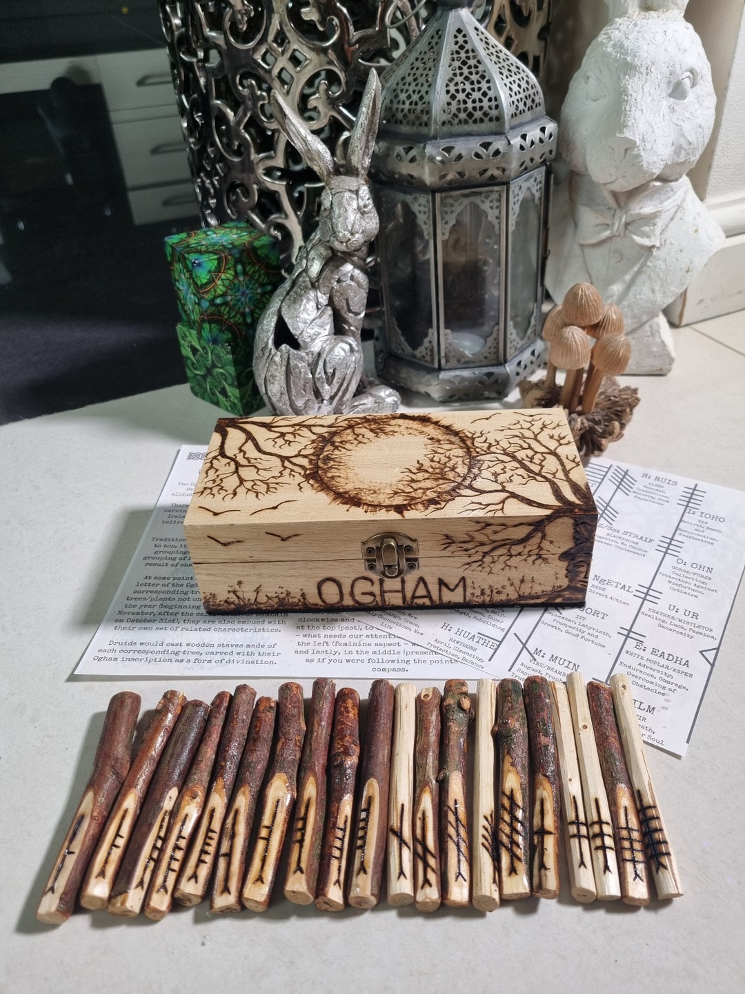 Wooden Box of Magical Yew Tree Wood Ogham Staves Sticks Divination ...