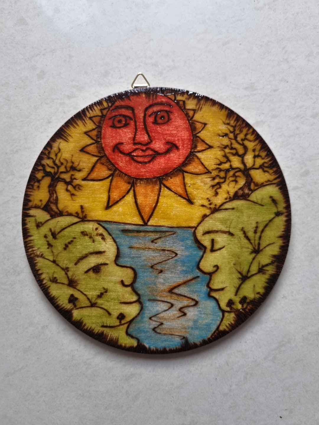 Moody Sunset Over River, Whimsical Pyrography Original Art, Hand ...