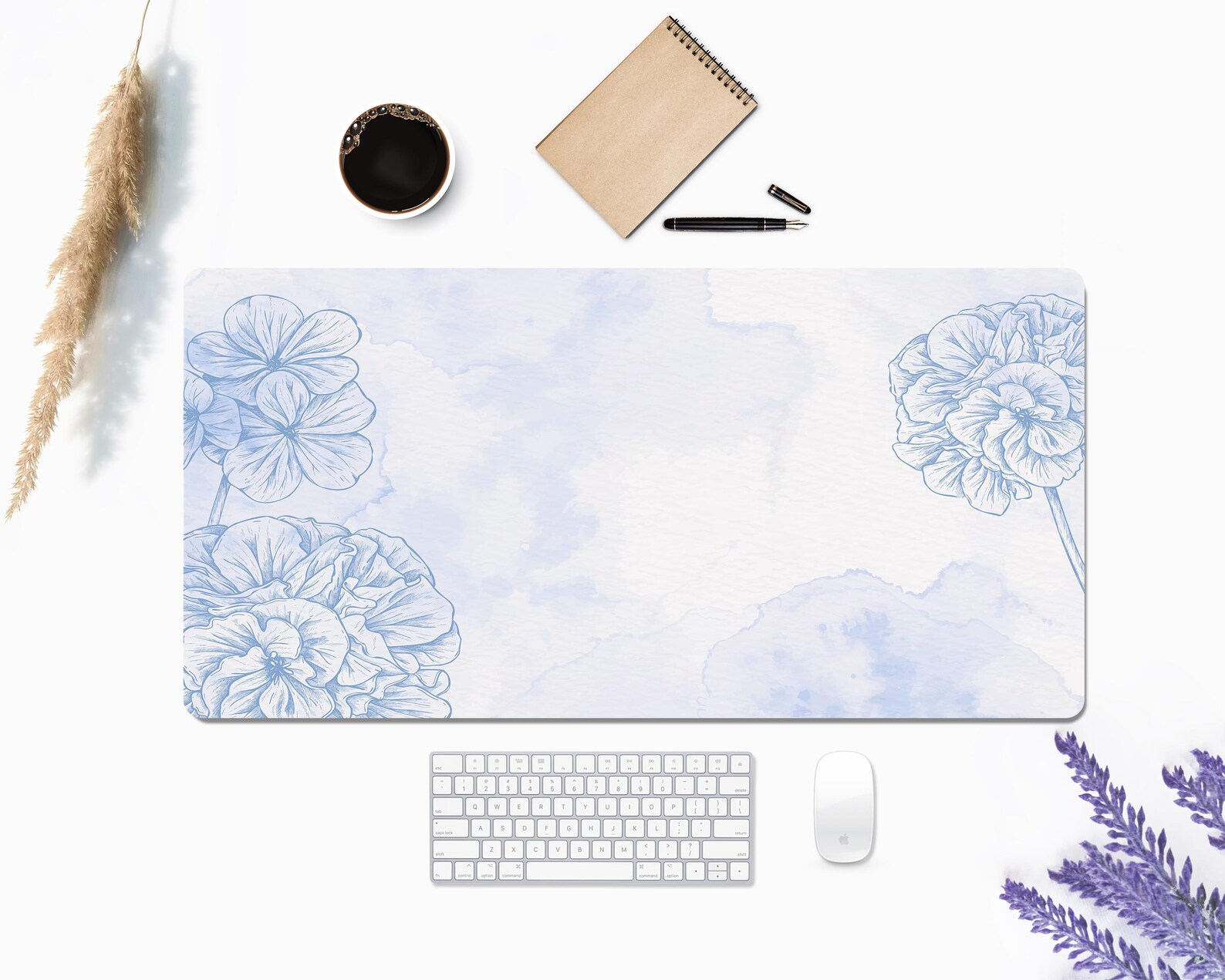 Blue Watercolor Painting Floral Desk Mat Cute Pastel Desk - Etsy