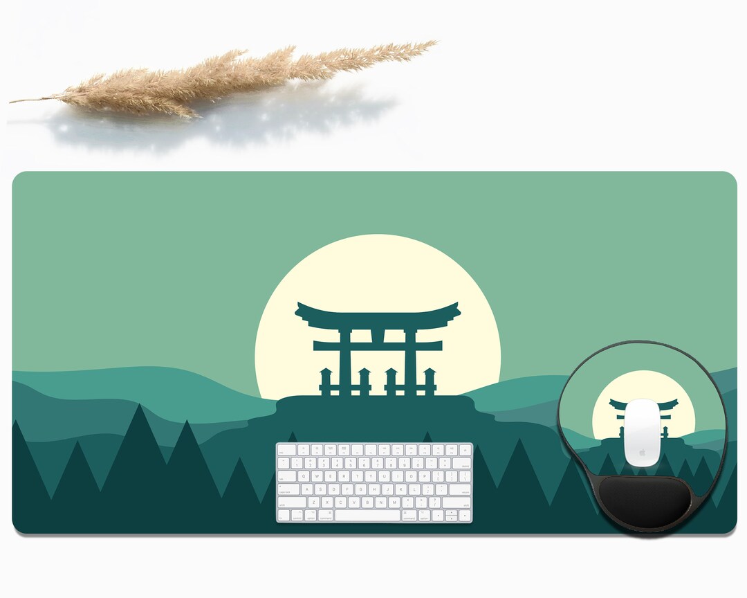 Japanese Torii Gate Anime Green Desk Mat, Desk Mat Green, Gaming Mouse ...