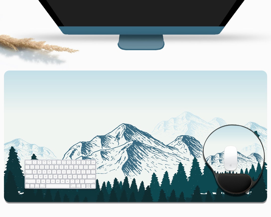 Snowy Mountains Landscape Blue Desk Mat, Extra Large Desk Mat, Large ...