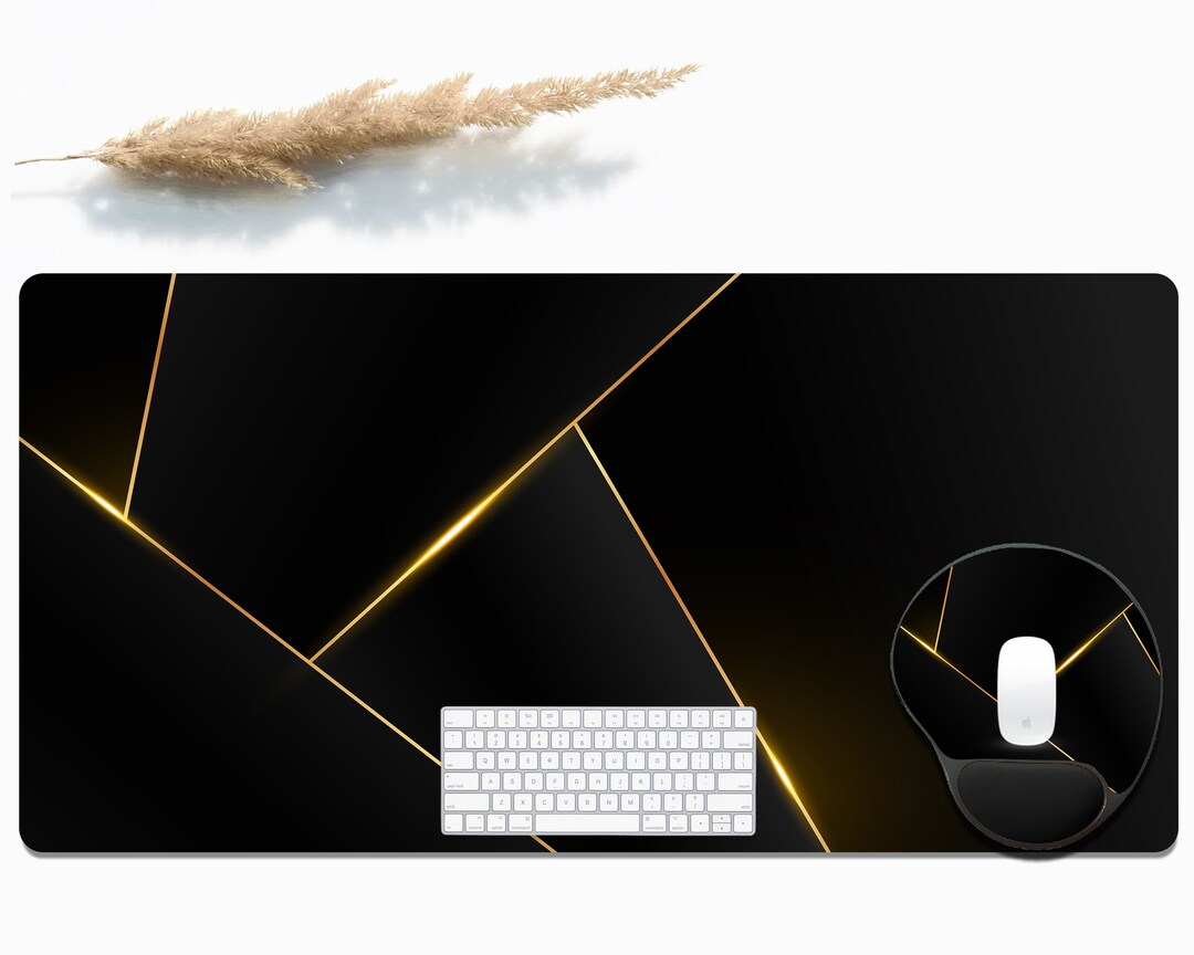 Desk Mat Extra Large, Black With Shiny Golden Lines Desk Mat, Abstract ...