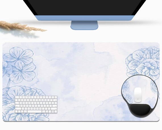 Blue Watercolor Painting Floral Desk Mat Cute Pastel Desk - Etsy