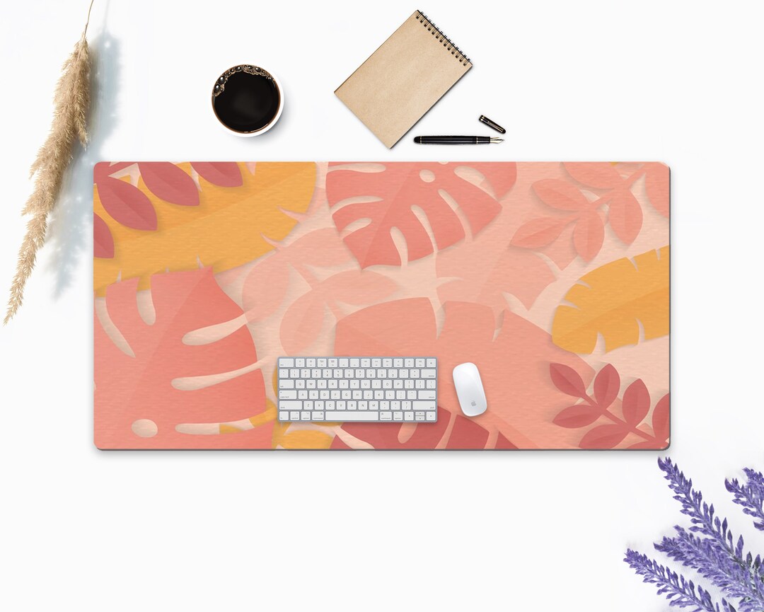 Desk Mat Pink, Tropical Monstera Leaves Pink Desk Mat Cute, Desk Mat ...