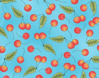 Cherries Fabric Vintage Red Cherries Blue Doily by Twodreamsshop ...