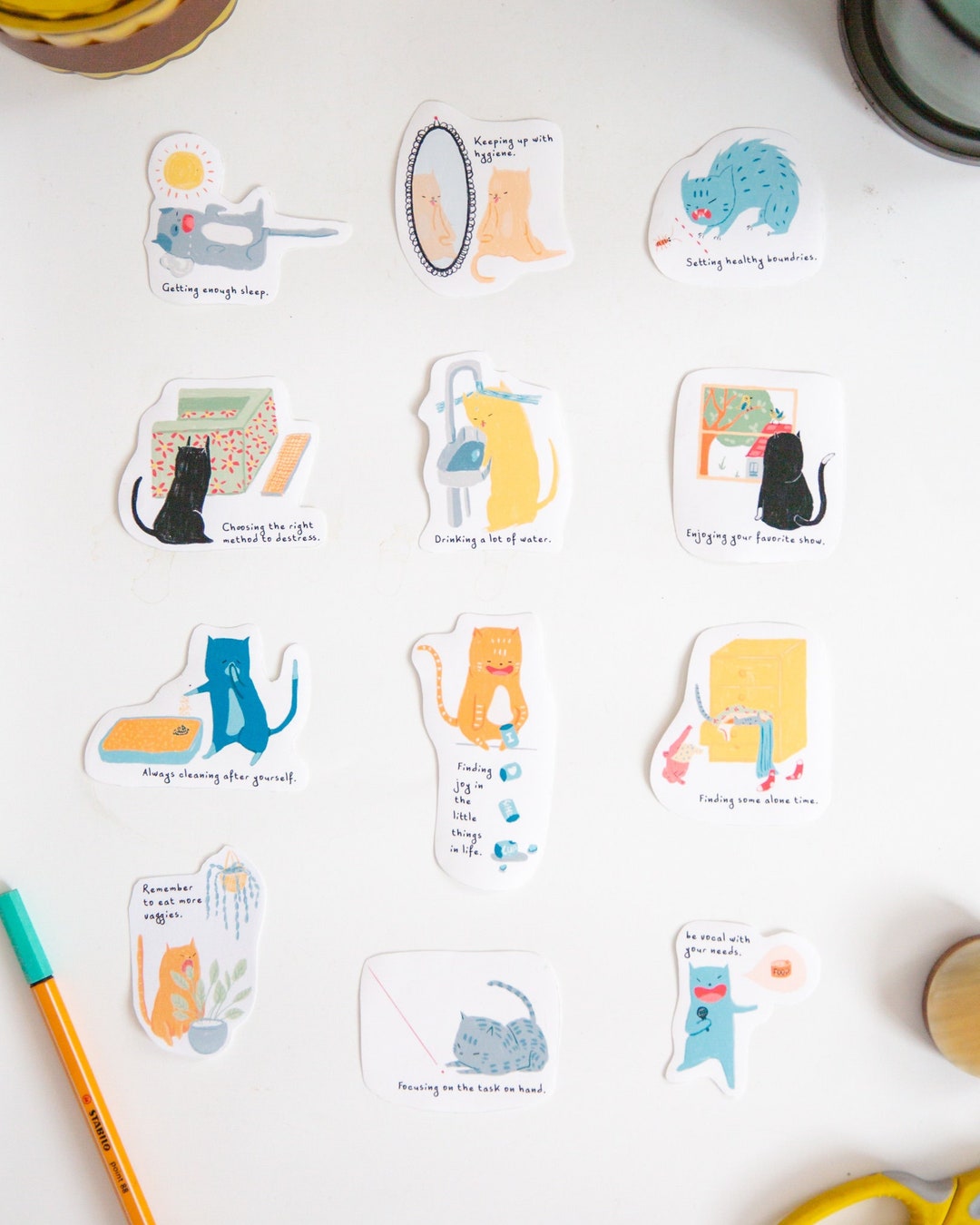 A Set of 12 Cute Cat Stickers Give You Self Care Tips. Laptop Sticker ...