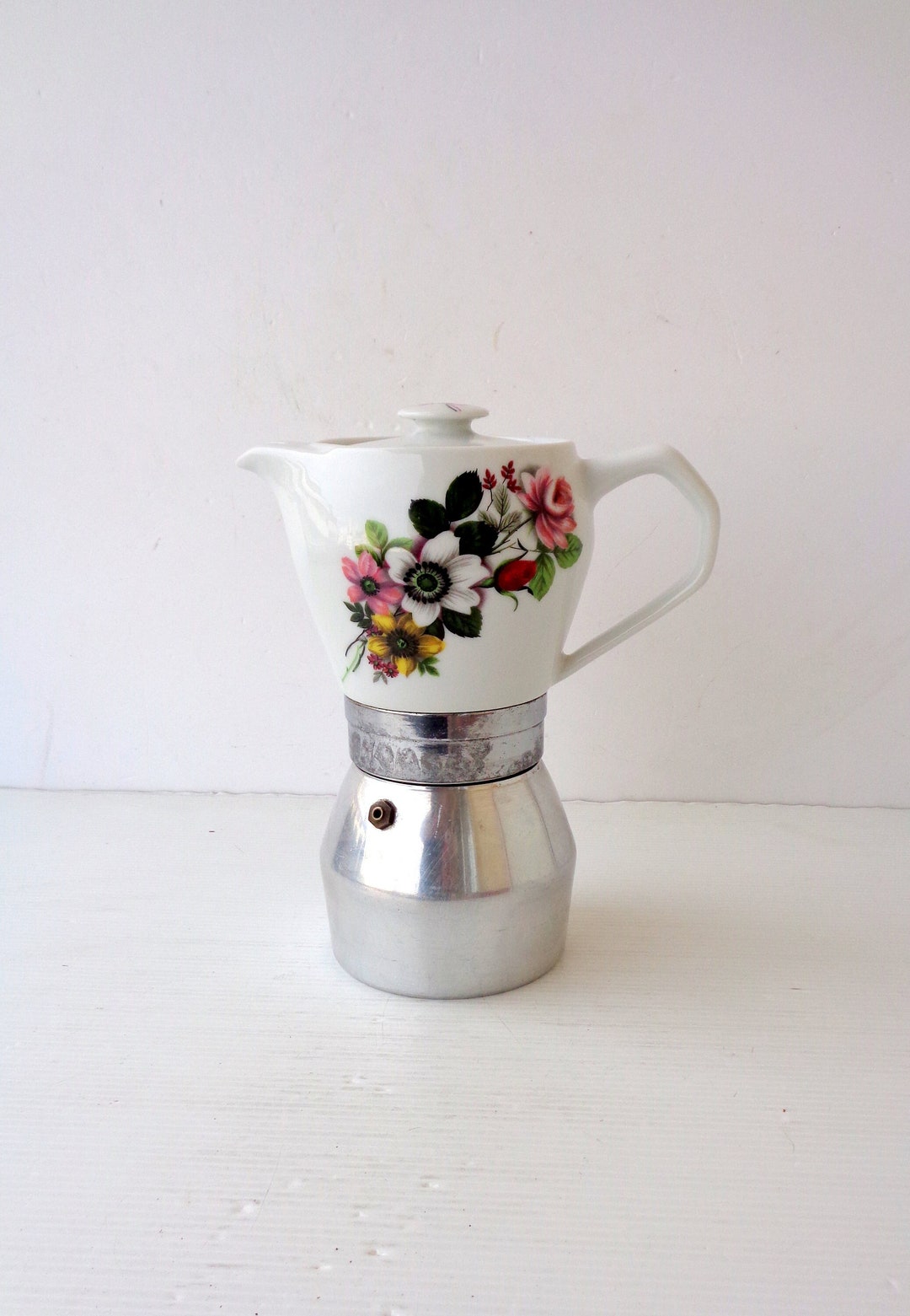 Vintage Italian Large New Brand Aluminum and Porcellain Coffee Maker ...