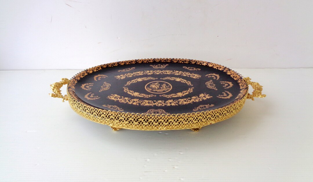 Vintage Tray in Limoges Porcelain With 24 Carat Gold Inserts and Brass ...