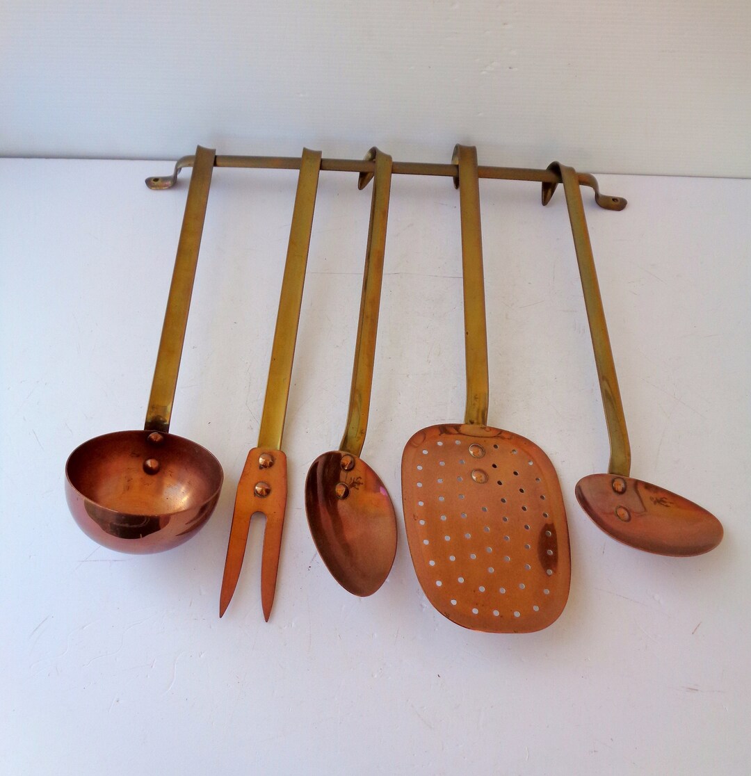 Complete Set of Ladles in Solid Brass and Copper With Brass Bar for ...