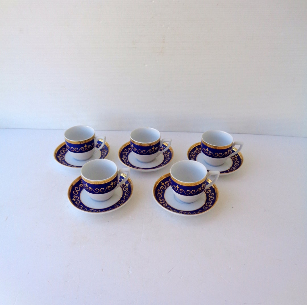 Coffee Set 5 Cups Plus 5 Plates in Fine German Porcelain With 24-carat ...