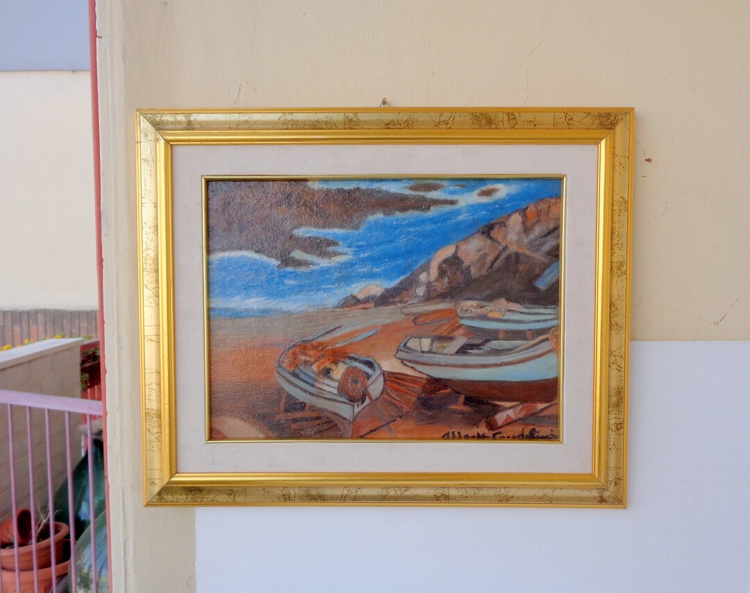 Vintage Italy Oil Painting on Wood " MARINE Landscape" Framed in the ...