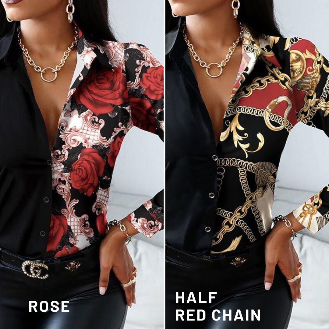 Designer Top-rose Printed Long Sleeved Top-buttoned Shirt-designer Top ...