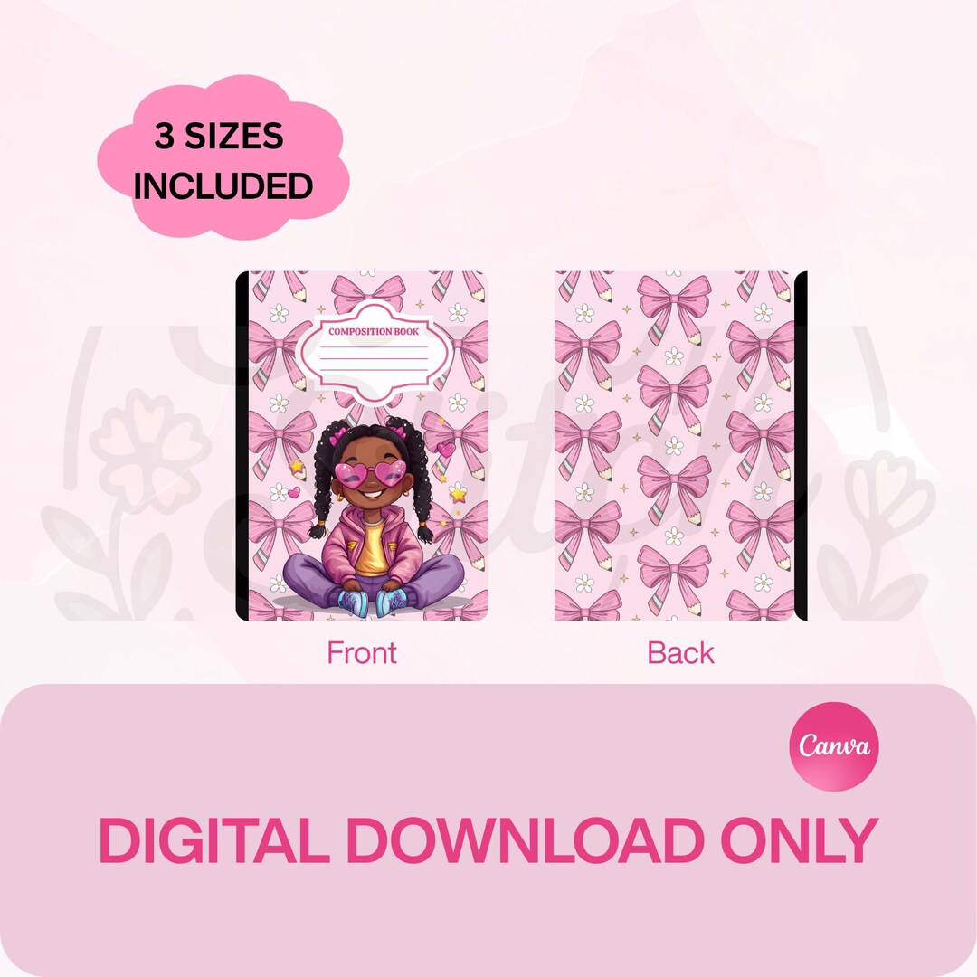 Editable Pink Bow Composition Notebook Cover | Digital Download | Canva ...