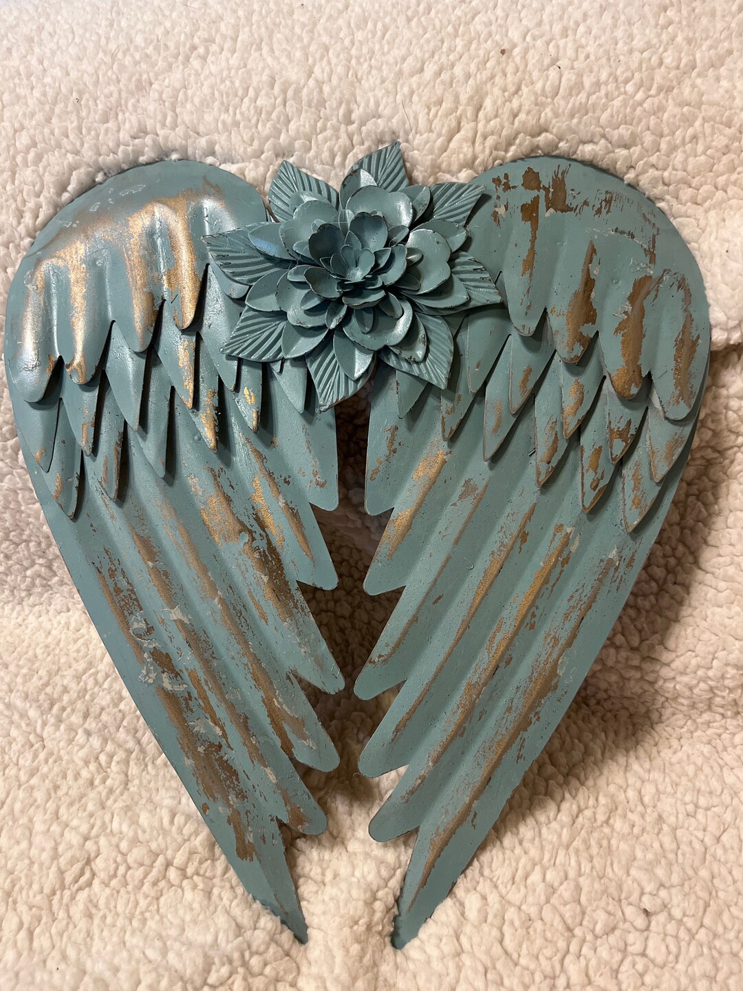 13” X 15” Metal Angel Wings, Shabby Chic, Hand Painted, Distressed Teal ...