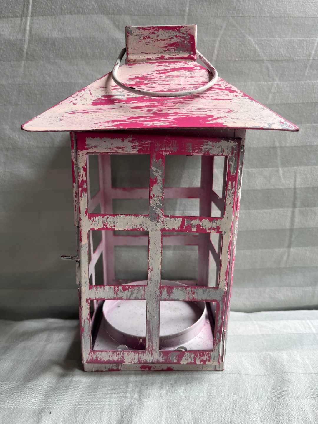 9 Metal Lantern for 3 Pillar Candle, Shabby Chic, Hand Painted ...