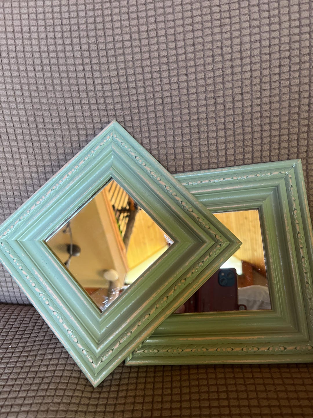 7” Square Mirror Set, Shabby Chic, Hand Painted, Distressed Sage/beige ...