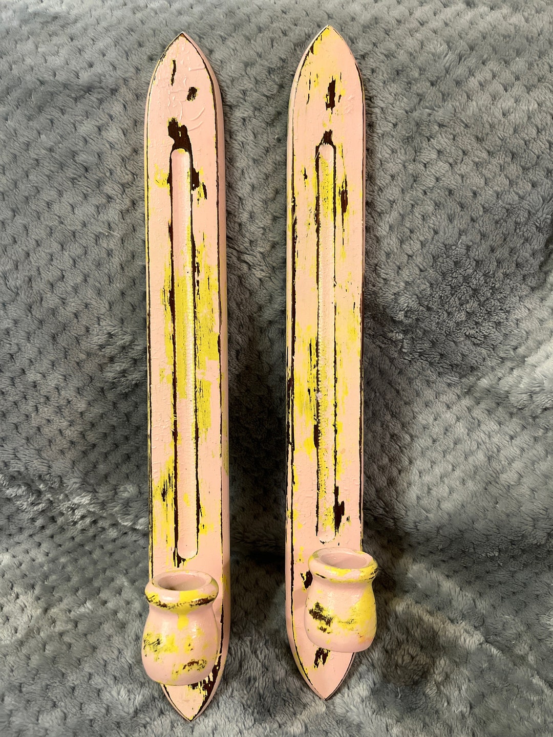 15” Taper Candle Sconces, Shabby Chic, Hand Painted, Distressed Pink ...