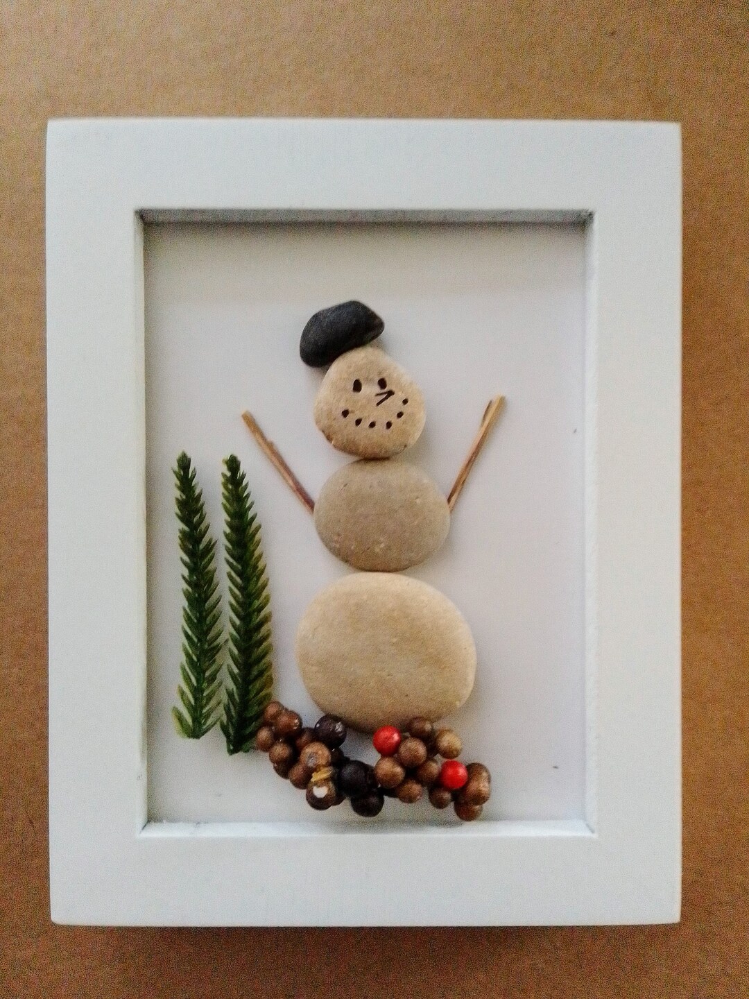 Holiday Tabletop Decor Snowman Pebble Art- Framed - Etsy