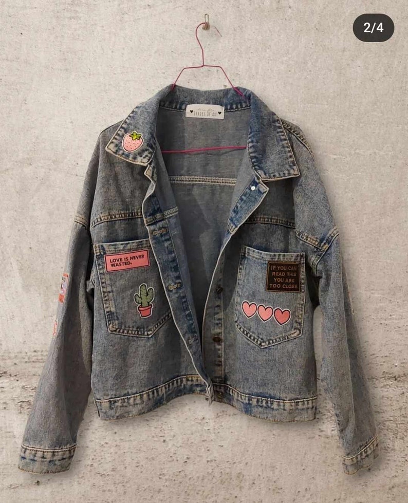 Handpainted 90s Themed Denim Jacket Decorated With Patches. Slightly ...