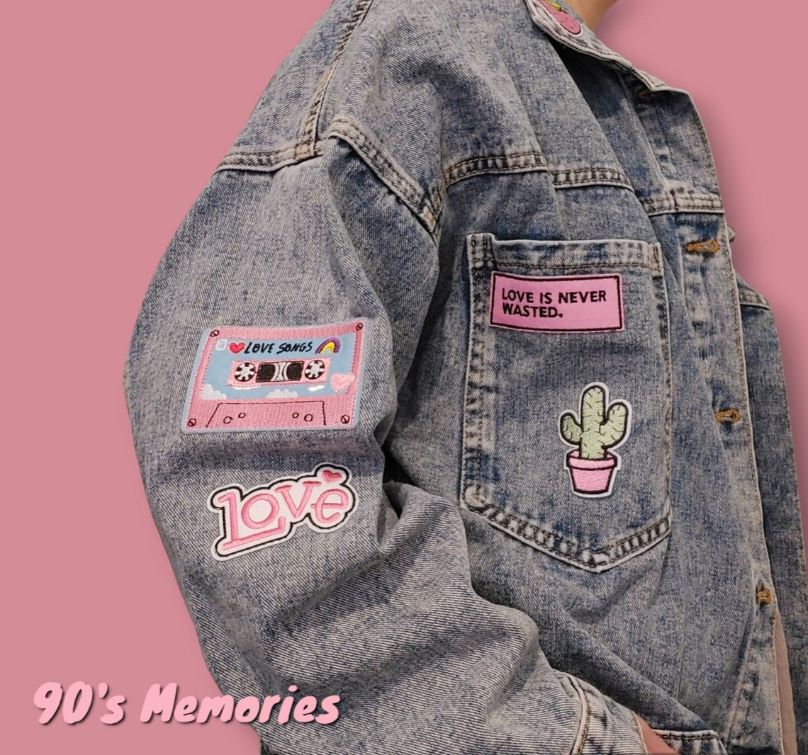 Handpainted 90s Themed Denim Jacket Decorated With Patches. Slightly ...