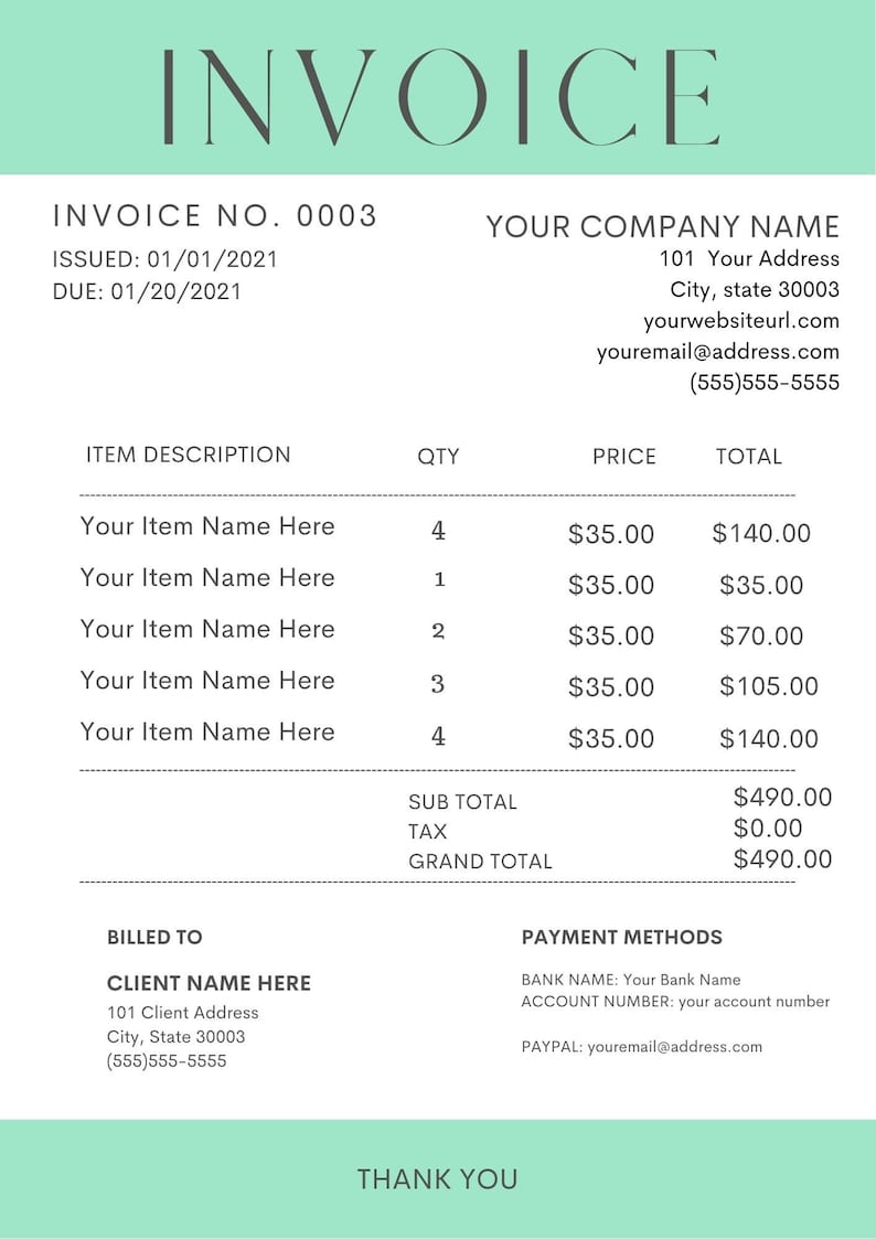 Small Business Invoice Template Printable Invoice Custom - Etsy