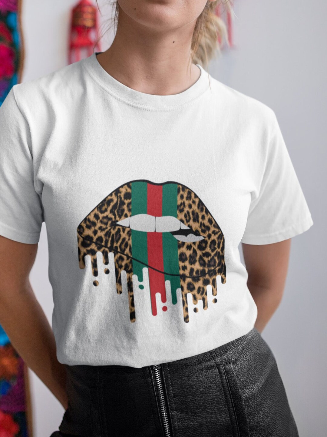 Leopard Print Red Green Bite Lips Tee | Fashion T-shirt | Trendy Shirt ...