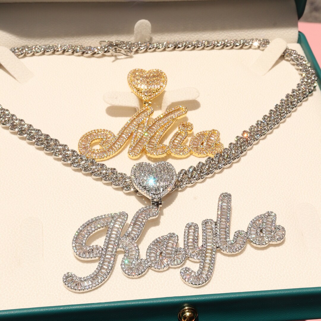 Custom Icy Baguettes Nameplate Necklace Cuban Chain CUSTOM Name ...