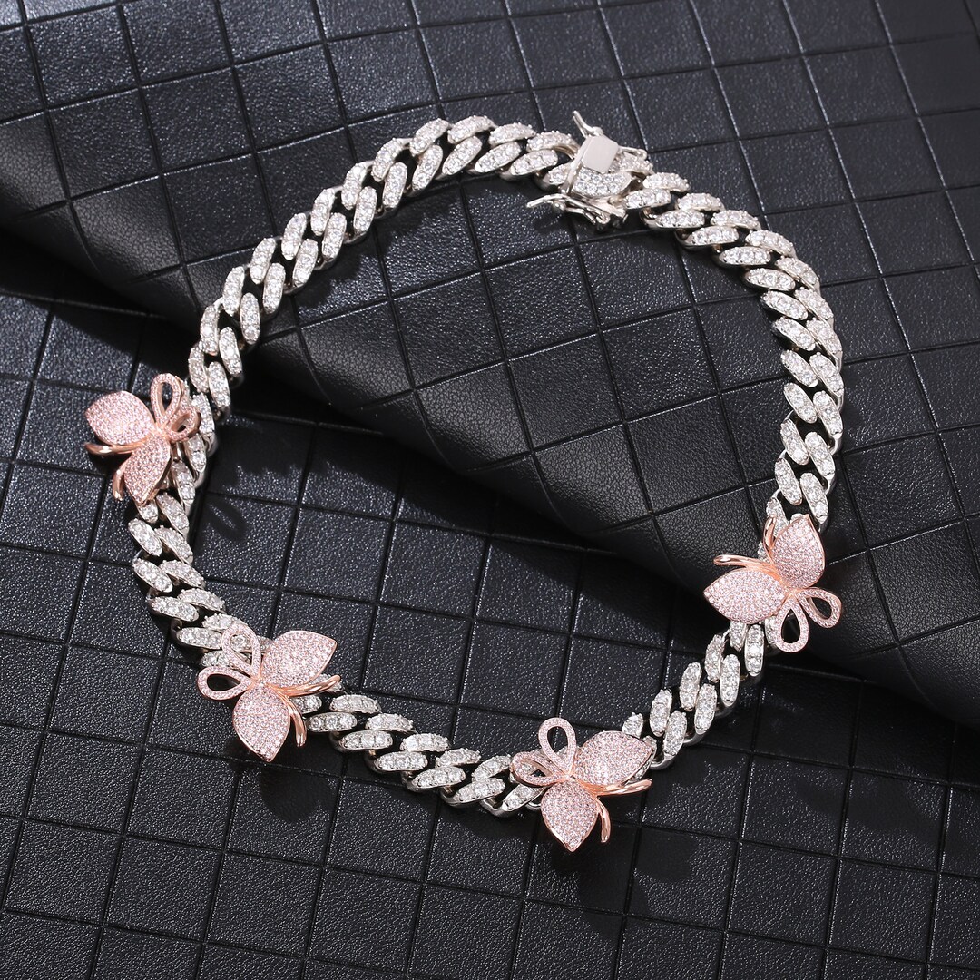 ICED 12MM Butterfly Cuban Link Choker,cuban Chain Necklace With Pink ...