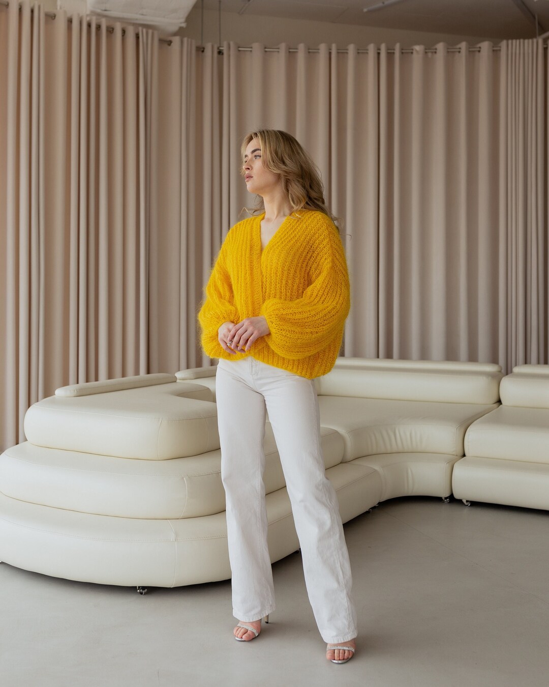Bright Yellow Open Front Lace Mohair Cardigan With Balloon Sleeve ...