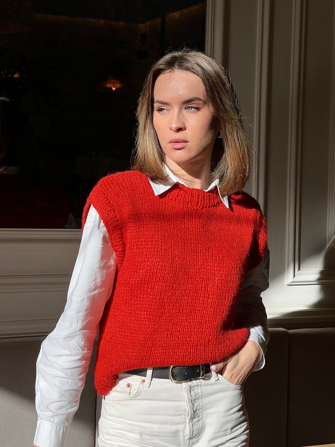 Red Wool Knit Vest Women, Crochet Soft Alpaca Sweater Vest, Knitted ...