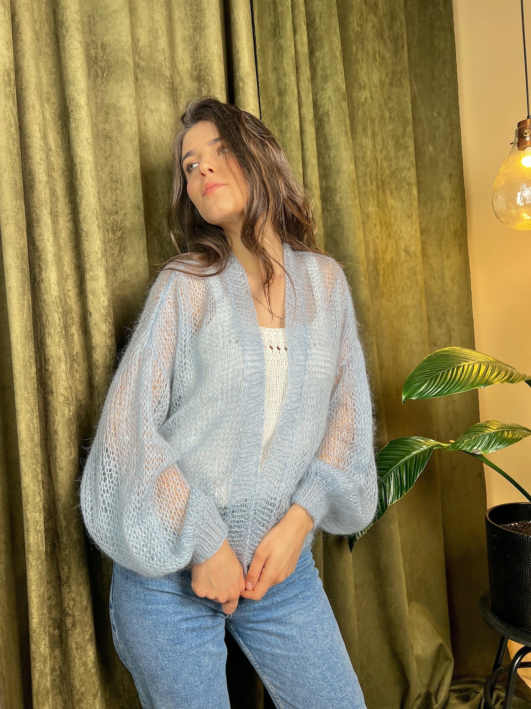 Blue Mohair Knit Lace Cardigan Women, Chunky Balloon Sleeves Wedding ...