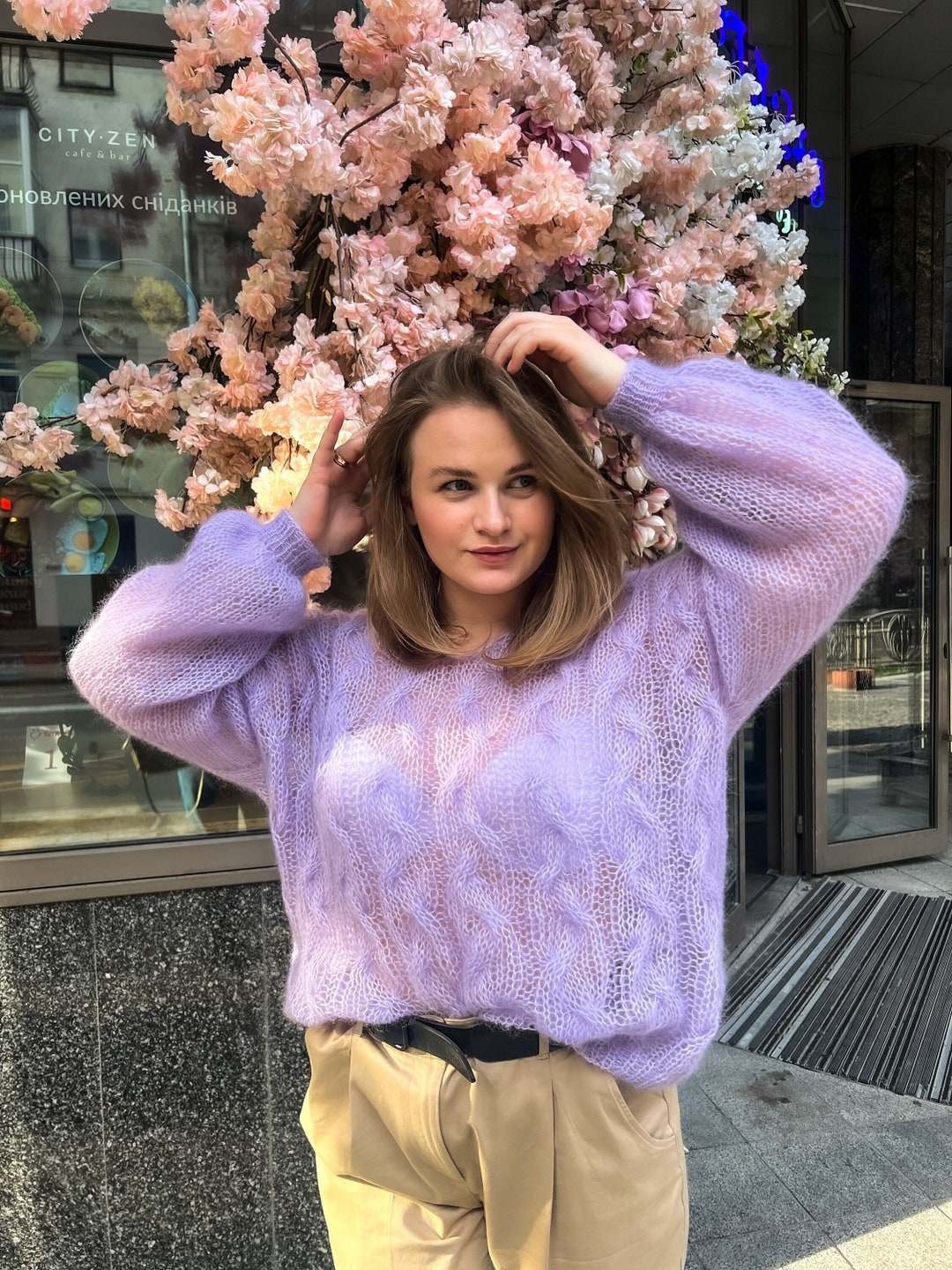 Lavender Lightweight Oversized Crochet Sweater, Cable Knit Mohair Lace ...