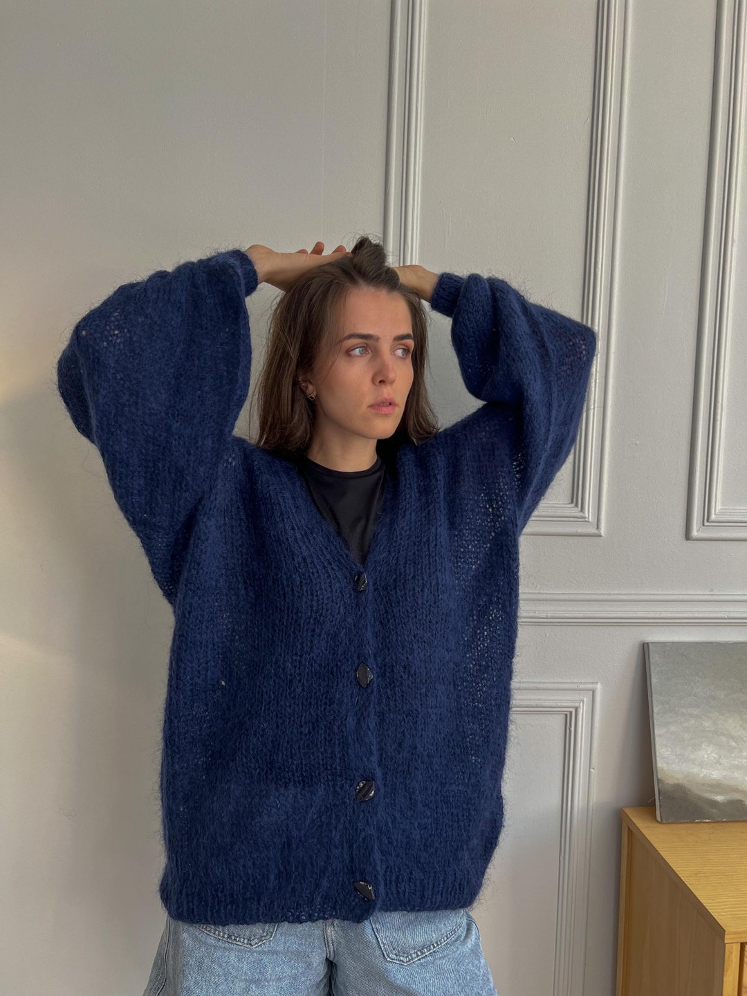 Oversized Dark Blue Crochet Long Cardigan Women, Chunky Knit ...