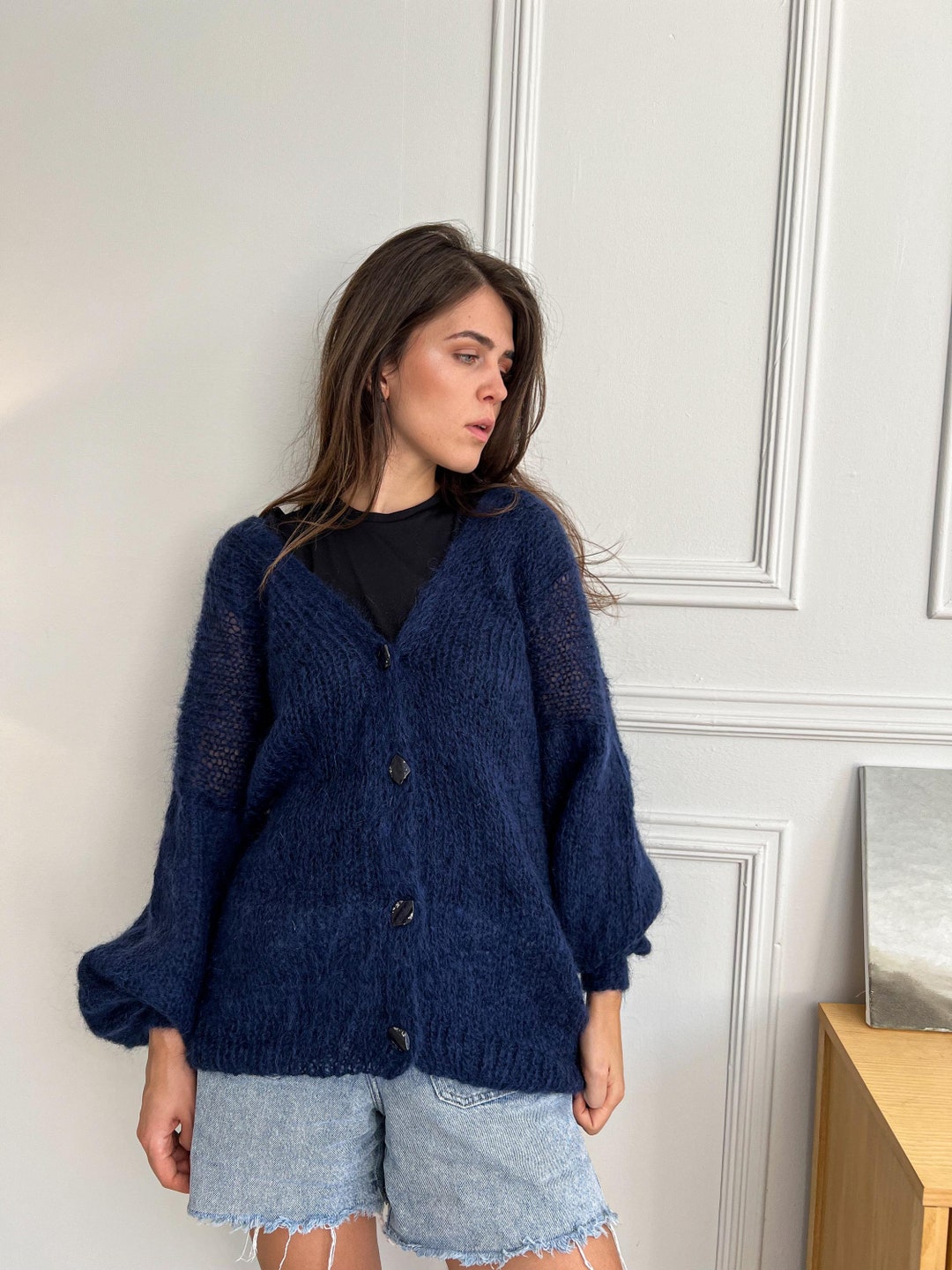 Oversized Dark Blue Crochet Long Cardigan Women, Chunky Knit ...