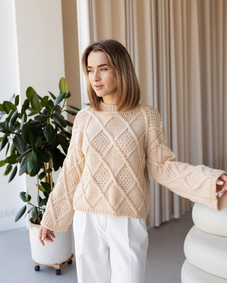 Basic Minimalist Beige Cable Knit Sweater Women, Pastel Premium Quality ...