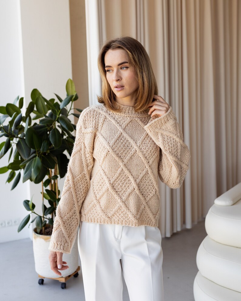 Basic Minimalist Beige Cable Knit Sweater Women, Pastel Premium Quality ...