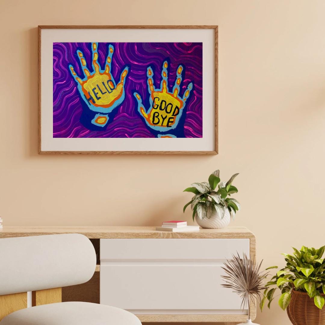 Psychedelic "hello Goodbye" Tattooed Hands Print - 60s Inspired Acrylic ...