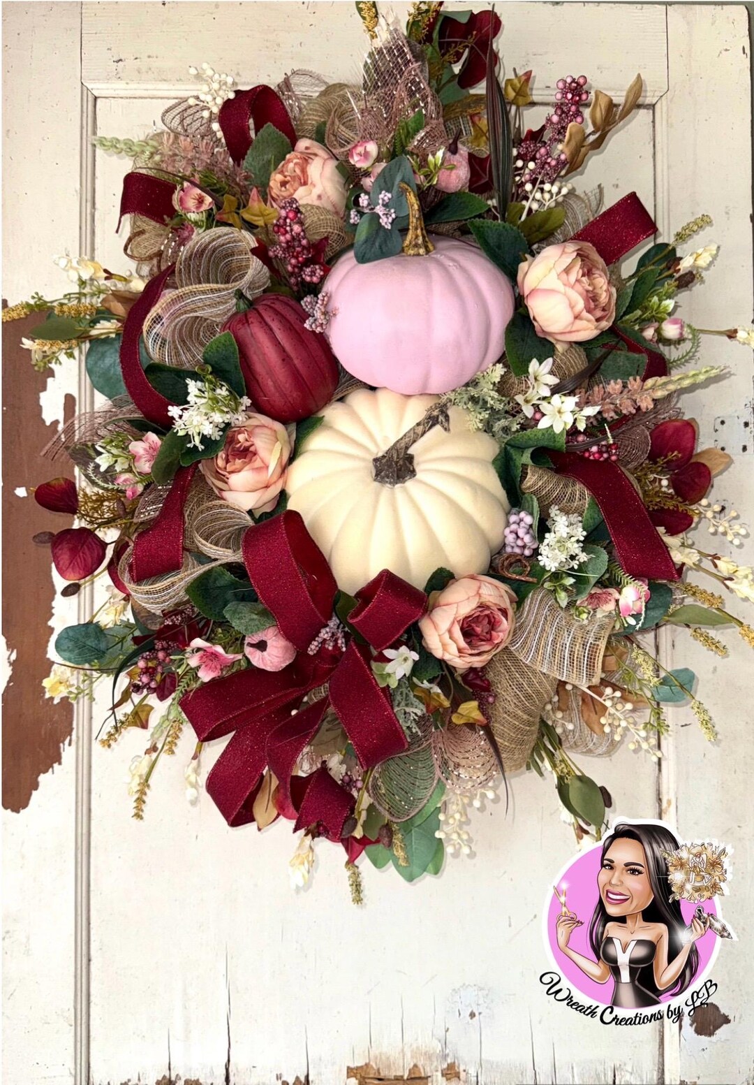 Blush Pink Pumpkin Wreath, Elegant Fall Door Decor, Fall Pumpkin Wreath ...
