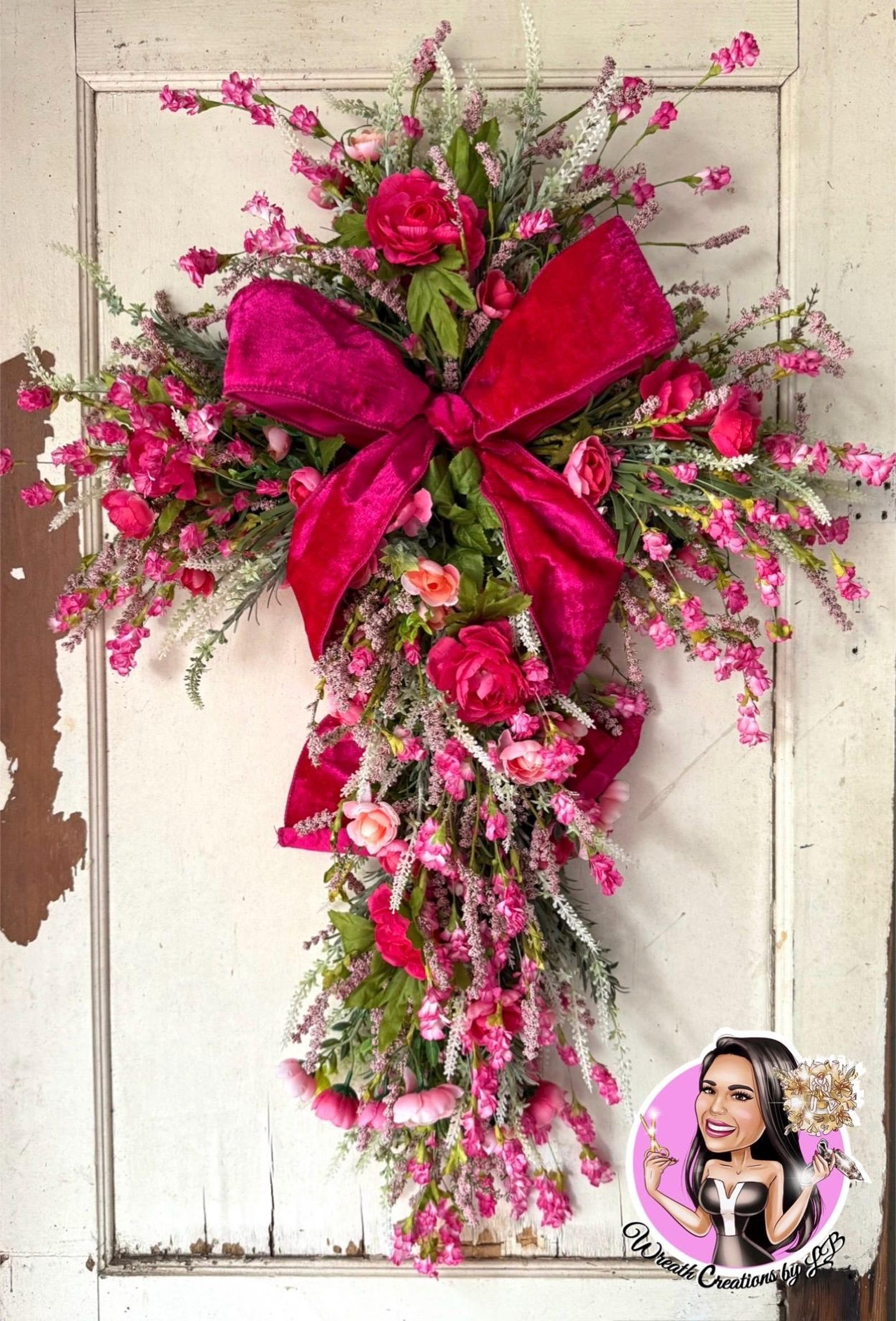 Elegant Pink Floral Cross Wreath, Spring and Summer Door Decor, Spring ...