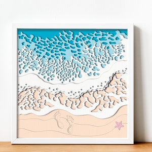 3D Ocean Waves Shadow Box, Beach Landscape Papercut (svg, Dxf, Pdf, Eps ...