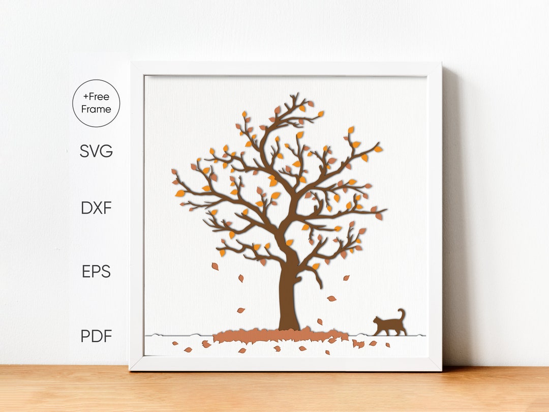 Autumn Tree Falling Leaves and Cat Shadow Box , 3D FALL TREE 3D, Shadow ...