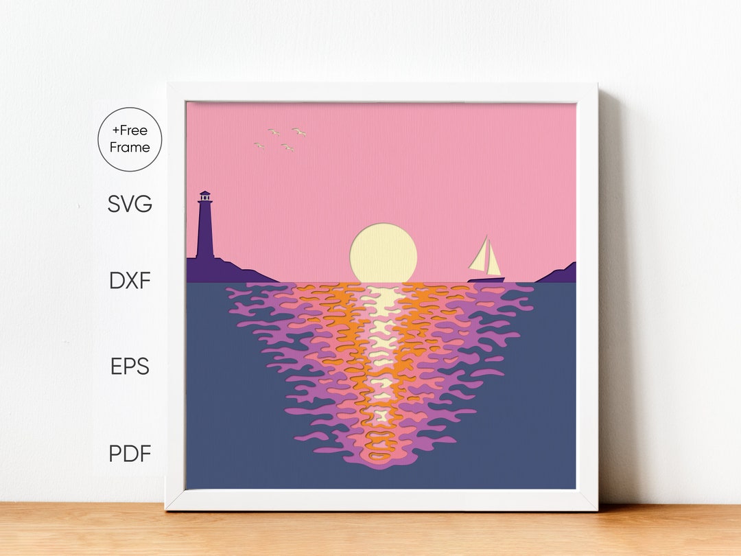 3D Sunset Sea SVG File, Lighthouse, Sailboat, Layered Paper Cutting ...