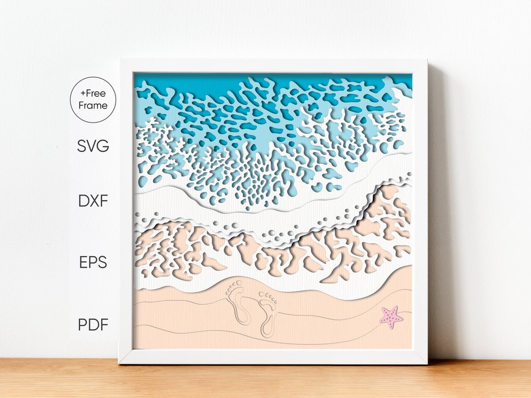 3D Ocean Waves Shadow Box, Beach Landscape Papercut (svg, Dxf, Pdf, Eps ...