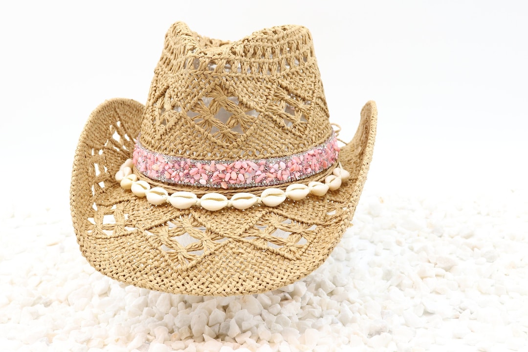 Pink Himalayan Bay Rhinestone Band on Natural Cowboy Hat & Shell Band ...