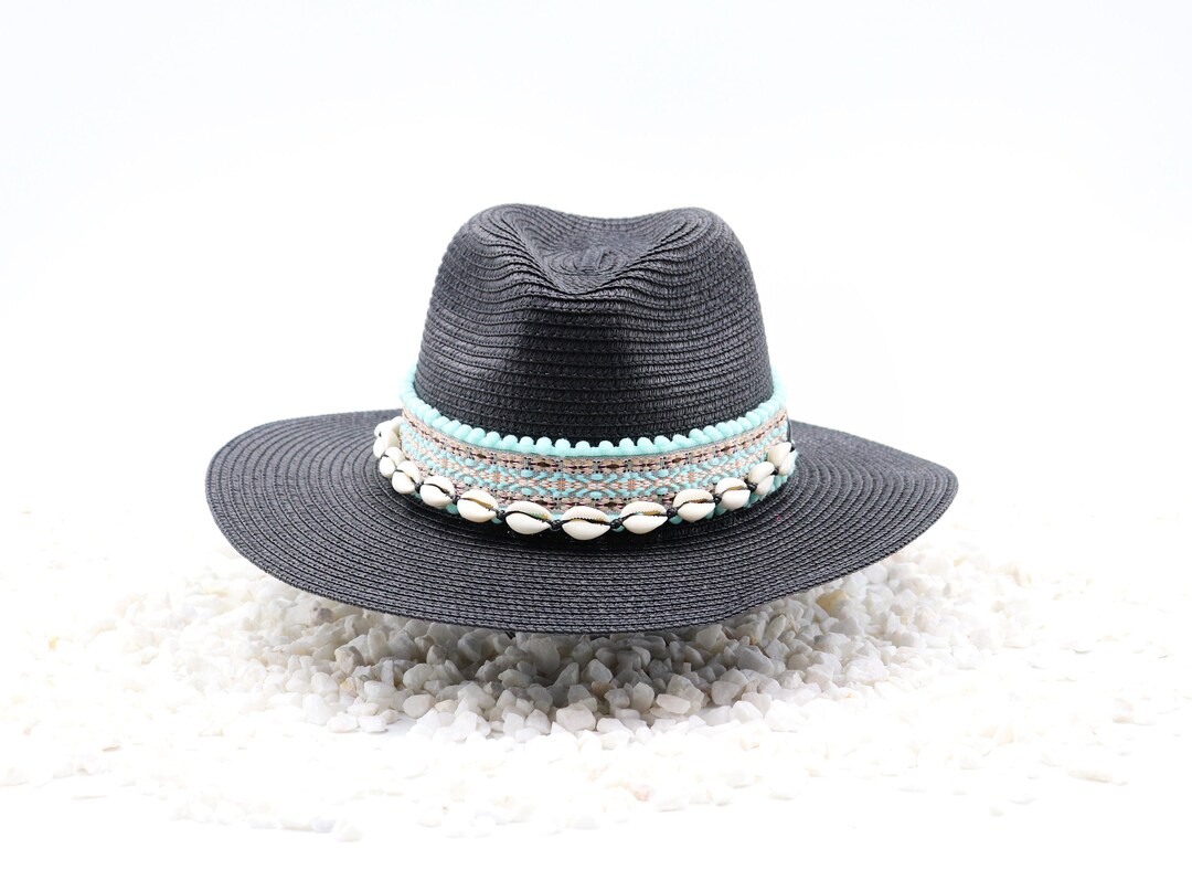 Beach Hat Black Bucket Natural Hand Woven Straw Hat With Cowrie Sea ...