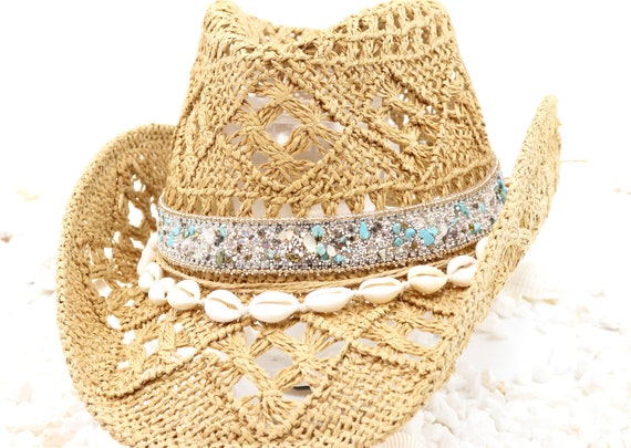 Sandy Golden Turquoise Beach Cowboy Hat Shell Band Gold and - Etsy