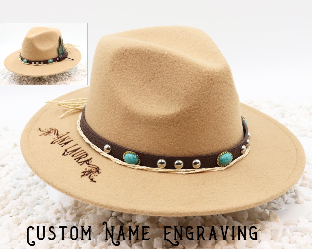 Personal Engraved Fedora Style Fall Hat - Khaki Hat With Turquoise Band ...